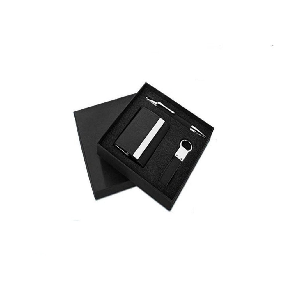 Buy 3pc Gift Set Double Side Card Holder & PU Keychain , PU Pen(Silver ...